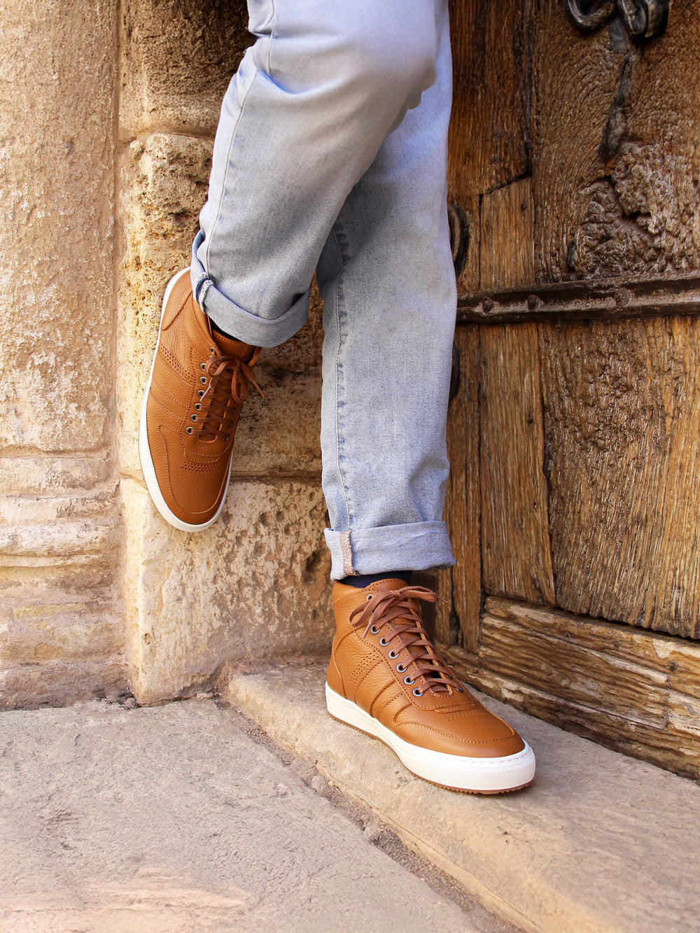 Gaspard Men's High-Top Sneakers in Cognac Grained Leather, Handmade in ...