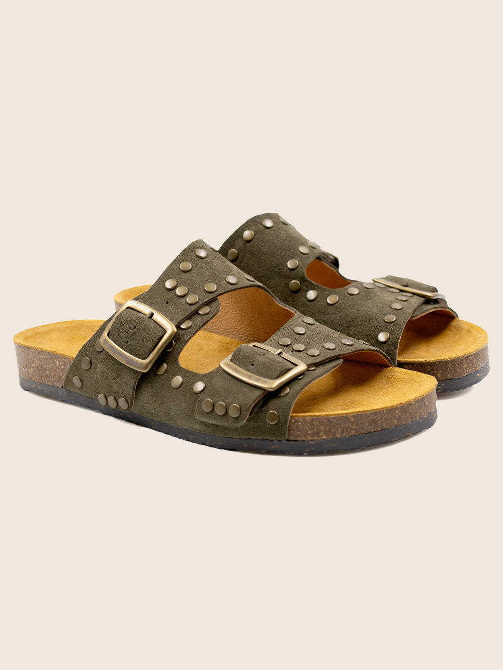 Women's khaki leather cork mules with studs - JULES & JENN