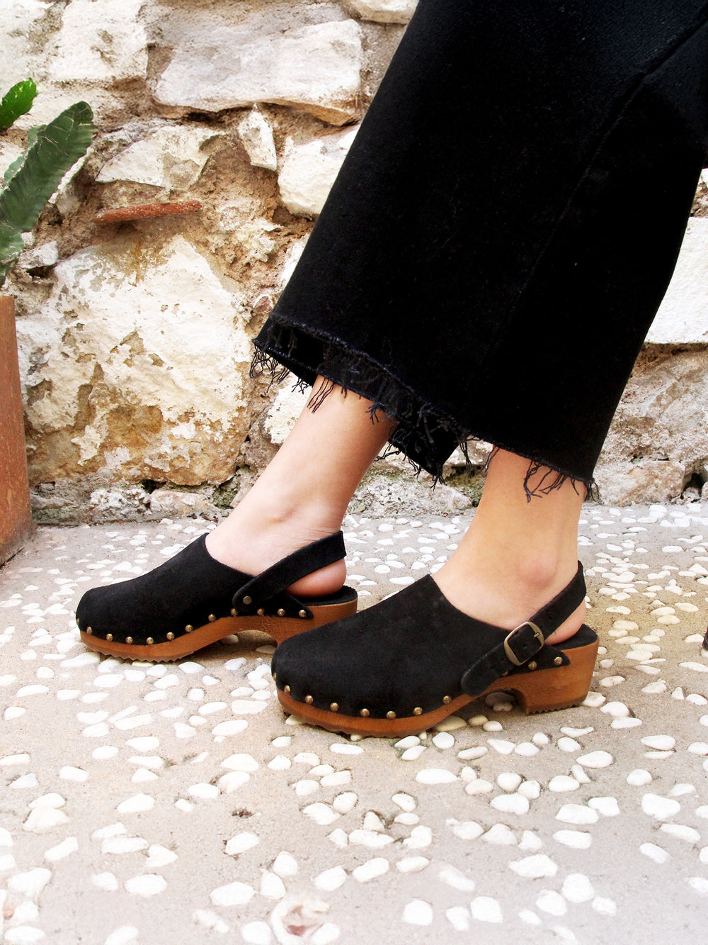 Wooden clogs with black suede leather straps made in France | JULES & JENN