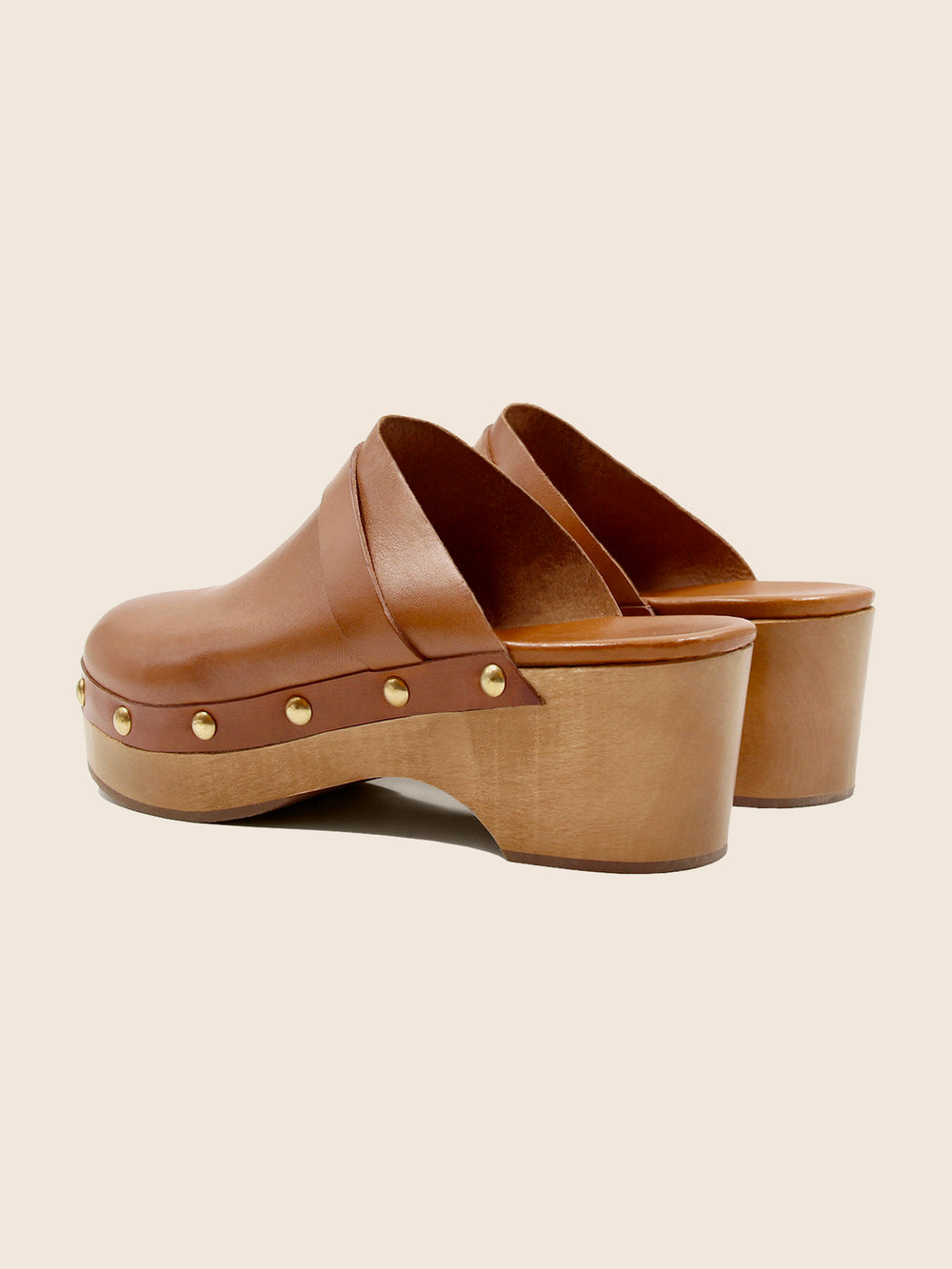 Cognac leather wooden studded clogs made in Portugal | JULES & JENN