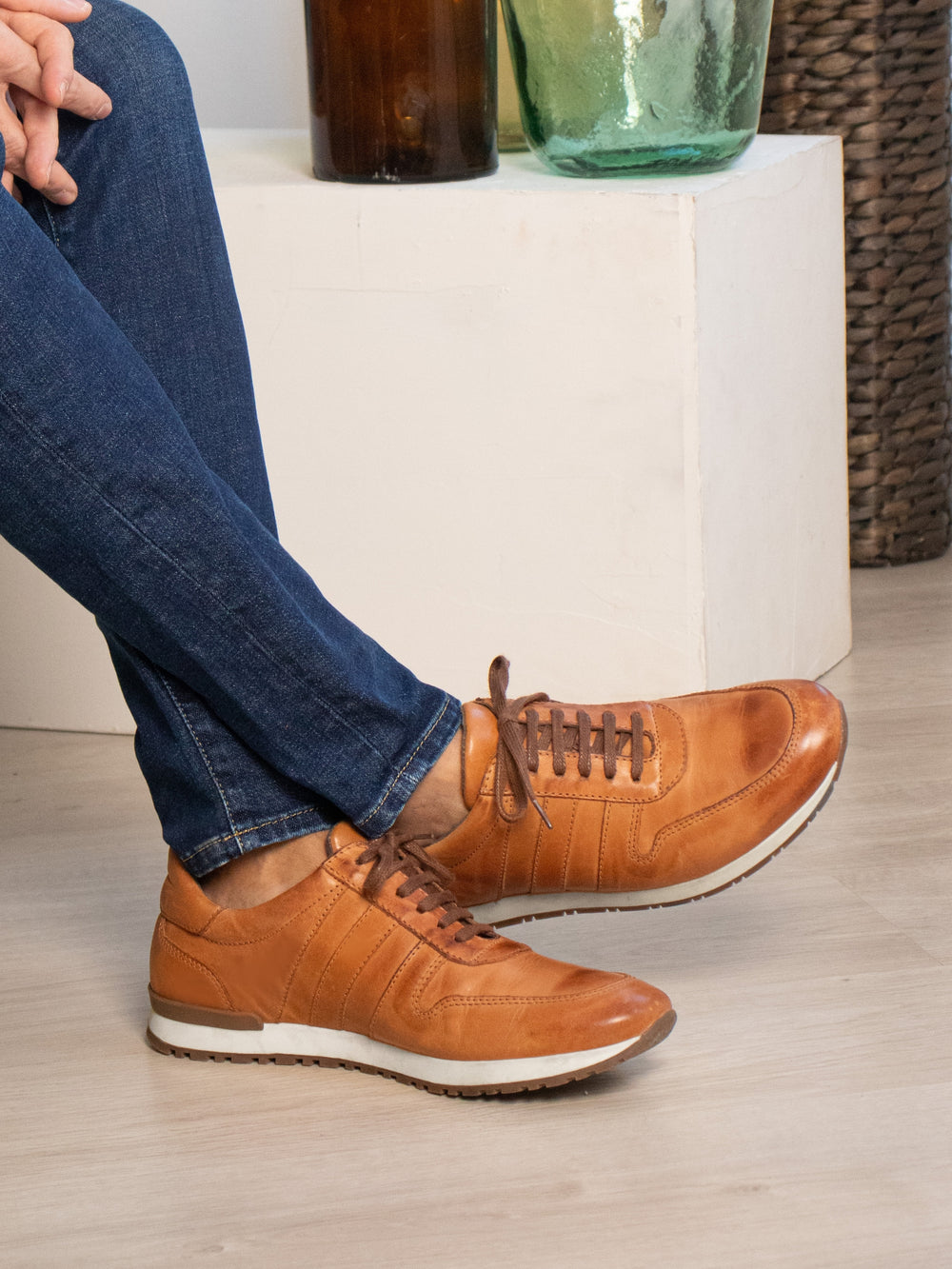 Handmade cognac brown leather men's sneakers | JULES & JENN